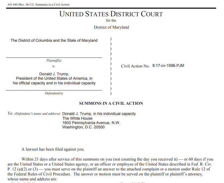 President Trump receives court summons at 1600 Pennsylvania Avenue ...